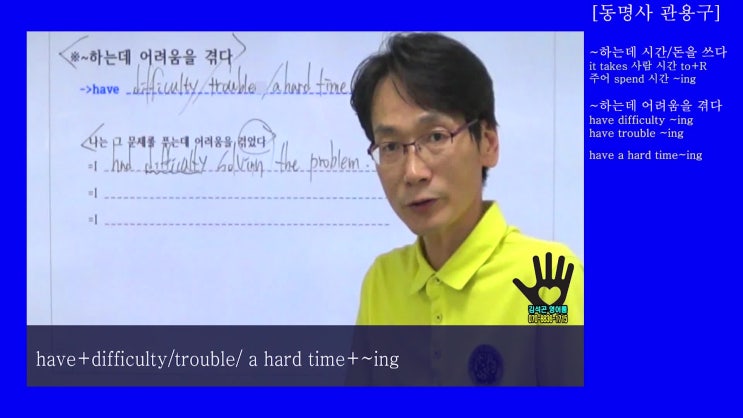 it takes 사람 시간 to spend 시간 ~ing, have difficutlty trouble ~ing, stop ...