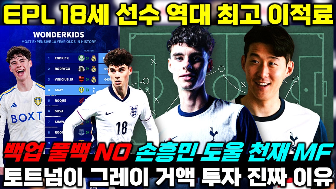 토트넘 EPL 18세 최고 이적료 투자 '손흥민 도울 천재 MF 아치 그레이' (오피셜+디애슬레틱) - 네이버 TV