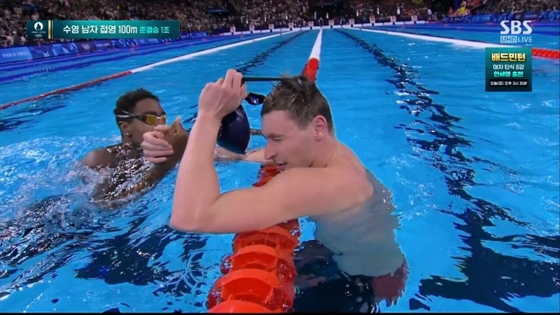 [SBS] 0.01초 차이, 순간의 차이로 선두 기록하는 막심 그루세 [남자 접영 100m 준결승 1조] - 네이버 TV