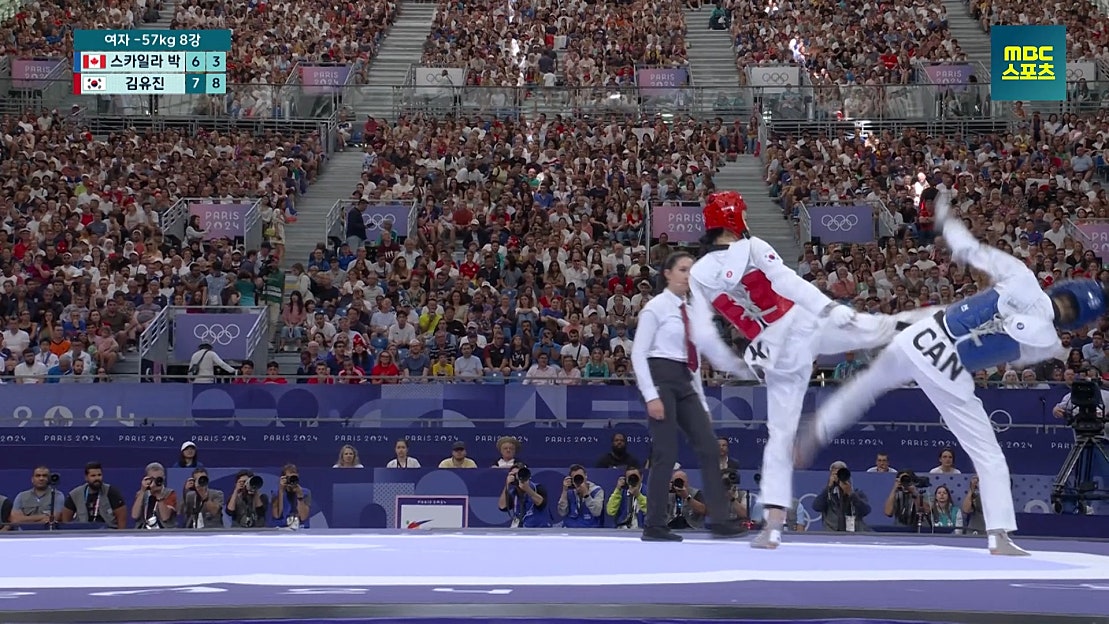 [MBC] 태권도 김유진 준결승 진출! 멋진 머리 공격으로 2라운드도 승리! [태권도 여자 -57kg 8강] - 네이버 TV