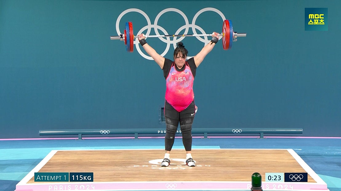 [MBC] 유력한 우승 후보 중 한 명, 미국의 메리 타이센 1차 인상 시기 [역도 여자 +81kg 인상] - 네이버 TV